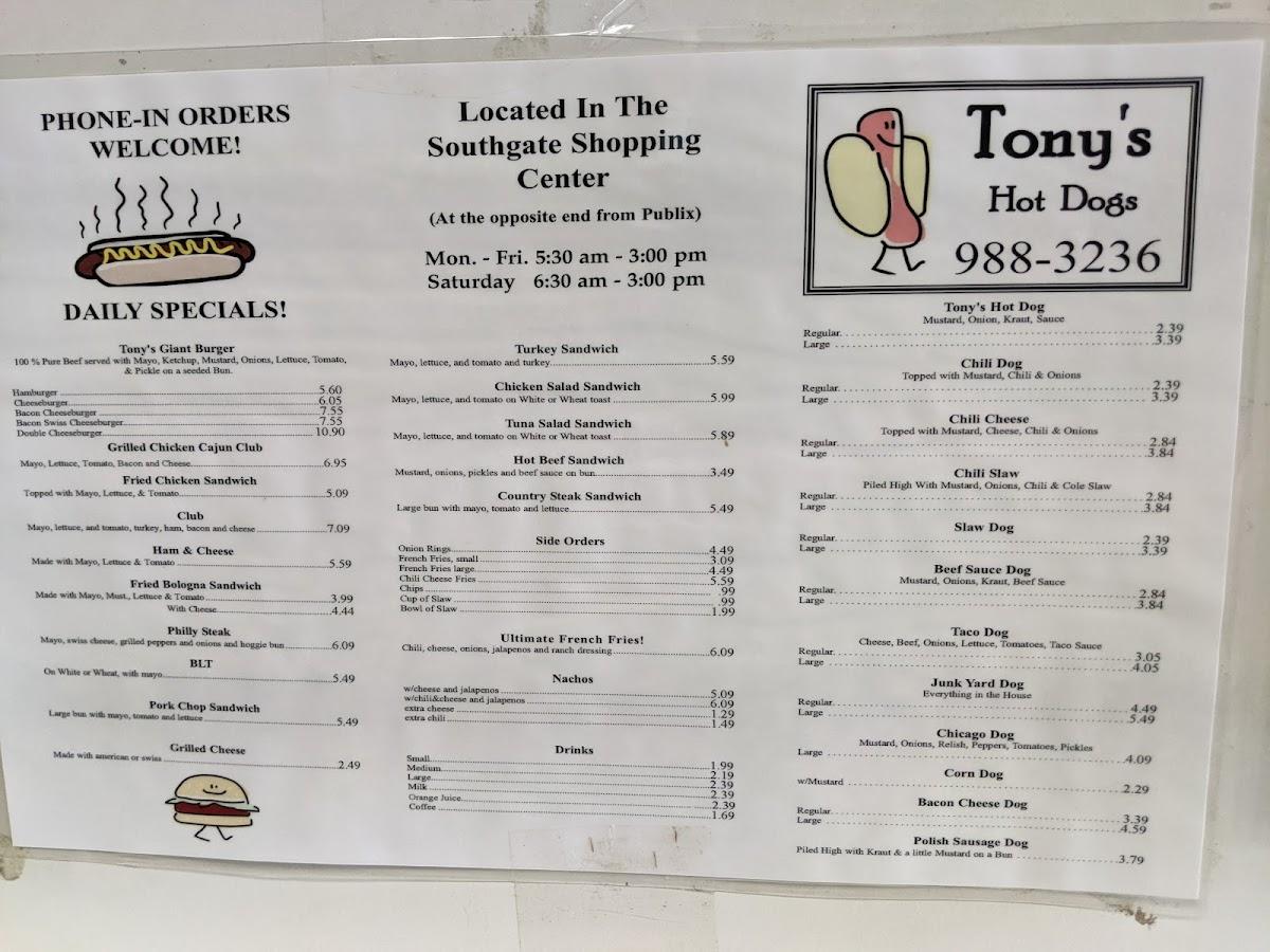 Menu at Tony's Hot Dogs restaurant, Birmingham