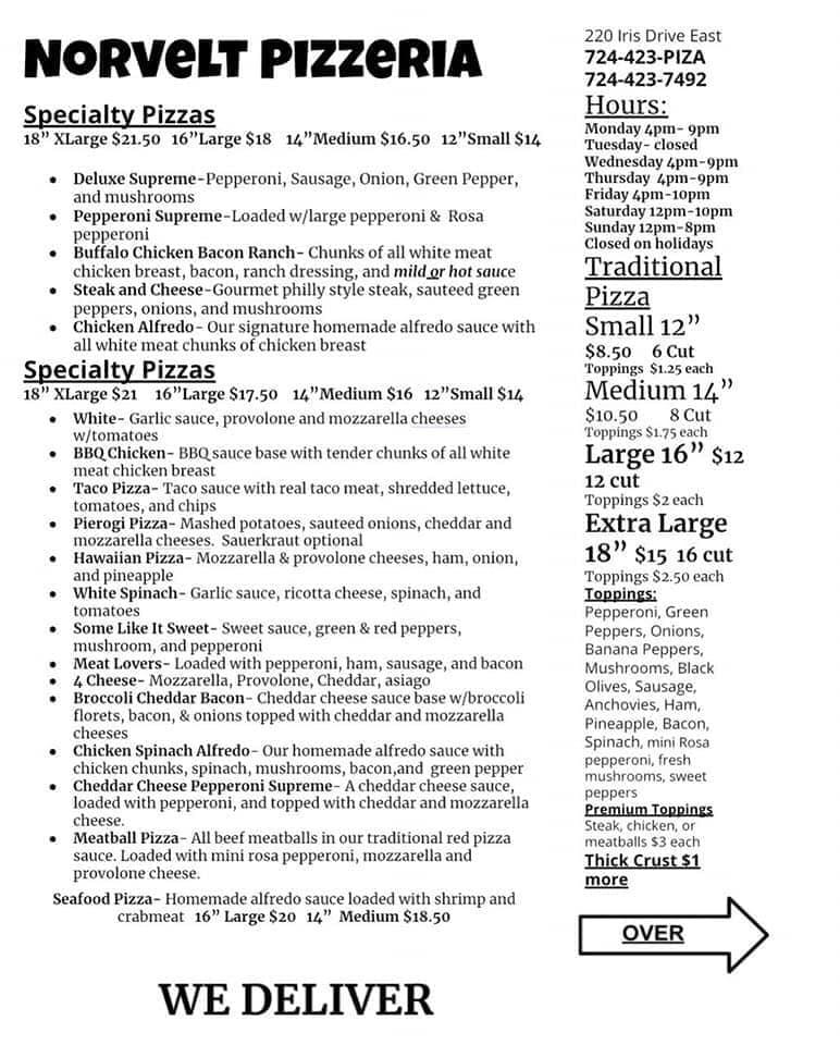 Menu at Norvelt Pizzeria, Calumet-Norvelt, 220 Iris Dr E
