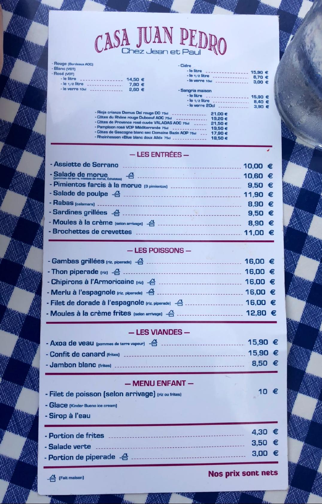 Menu at Casa Juan Pedro restaurant, Biarritz