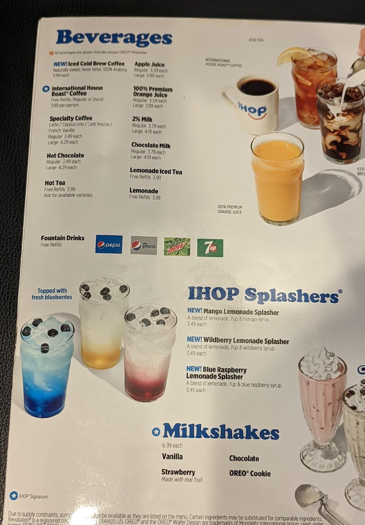 Menu at IHOP restaurant, Moncton