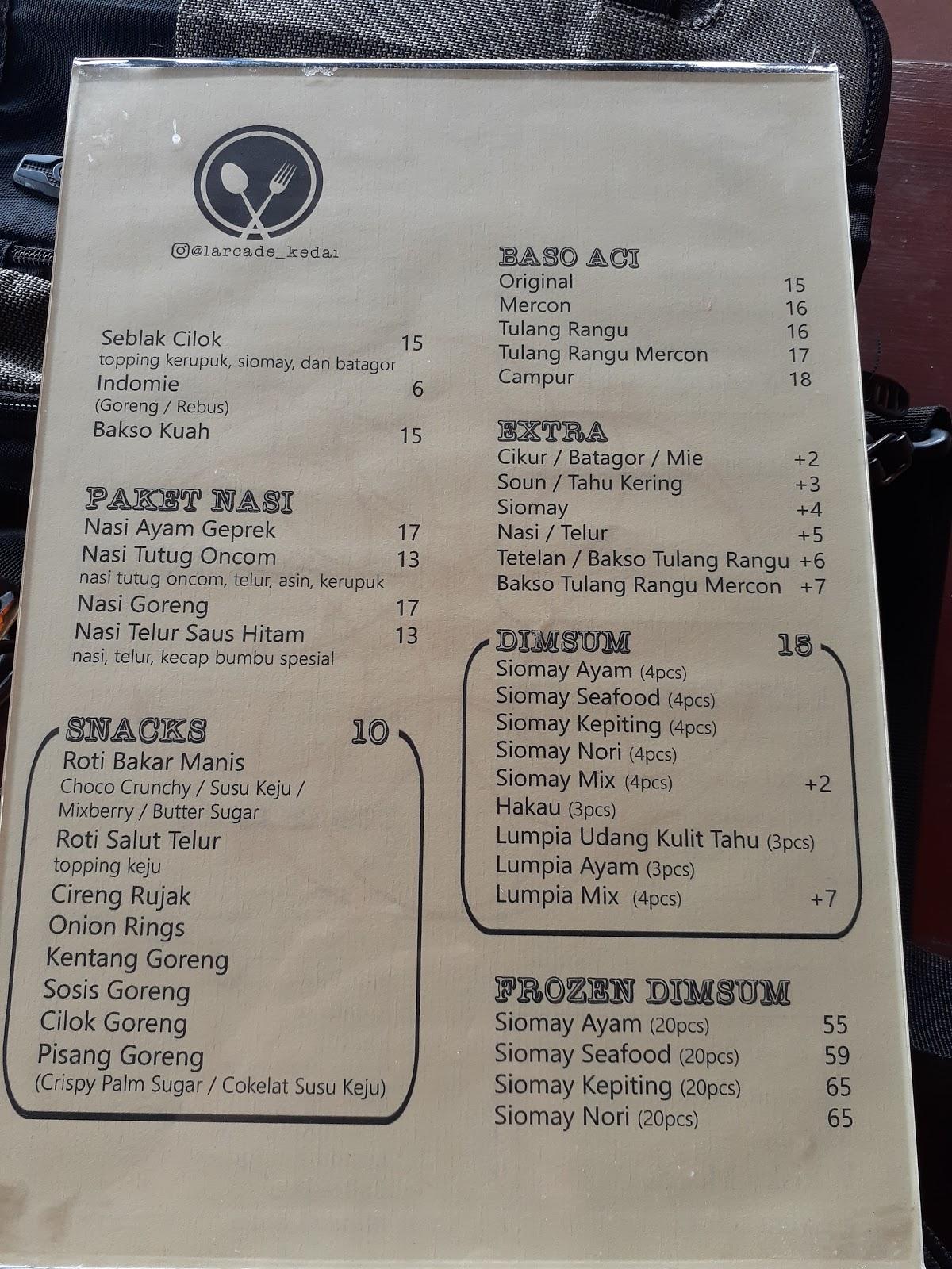 Menu at Kedai Larcade, Bandung