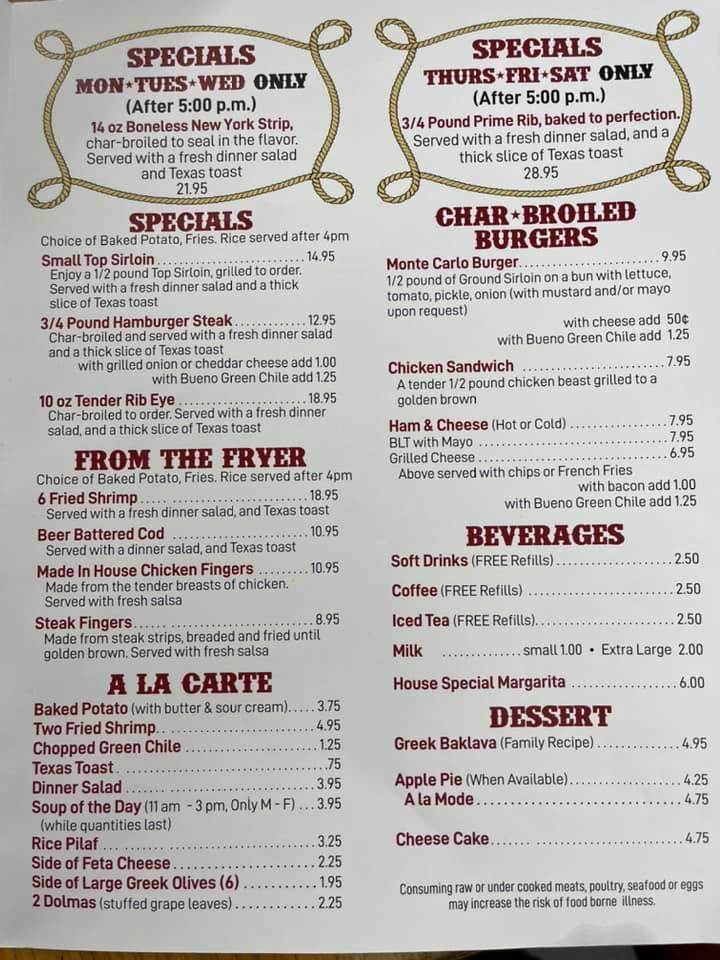 Menu at Monte Carlo Liquors & Steak House steakhouse, Albuquerque
