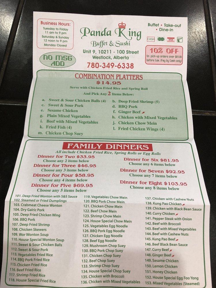 Menu at Panda King Buffet & Sushi restaurant, Westlock