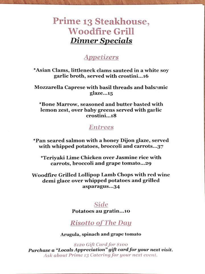 Menu at Prime 13 steakhouse, Point Pleasant Beach
