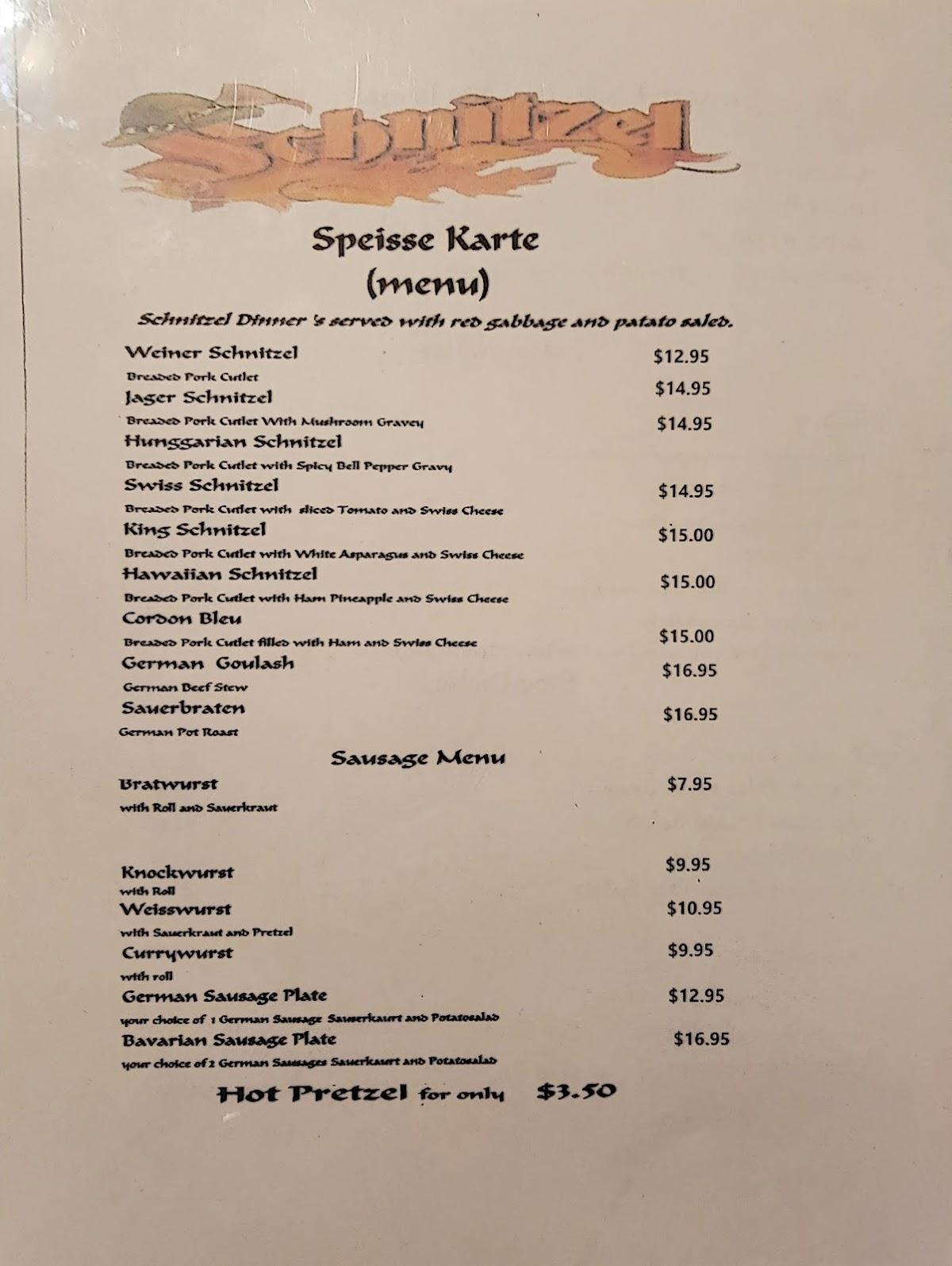 Menu at Schnitzel restaurant, Vidor
