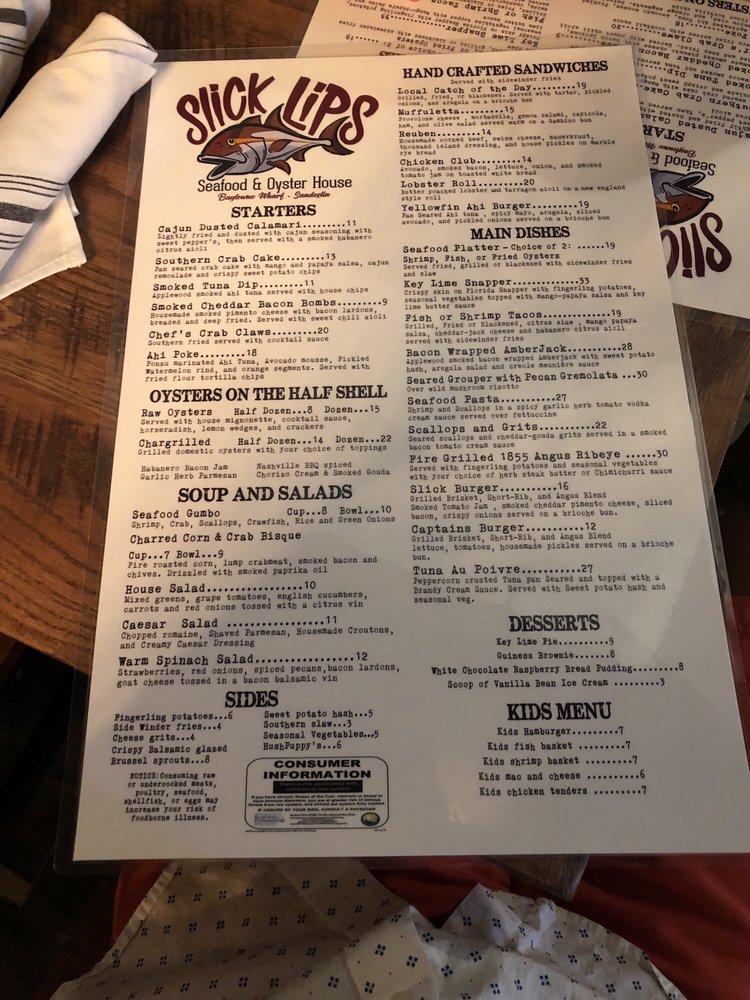 Menu at Slick Lips Seafood & Oyster House restaurant, Miramar Beach