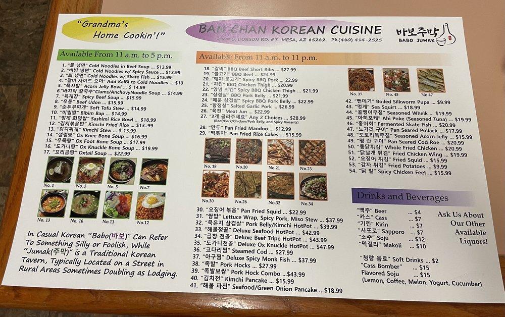 Menu at Ban Chan restaurant, Mesa