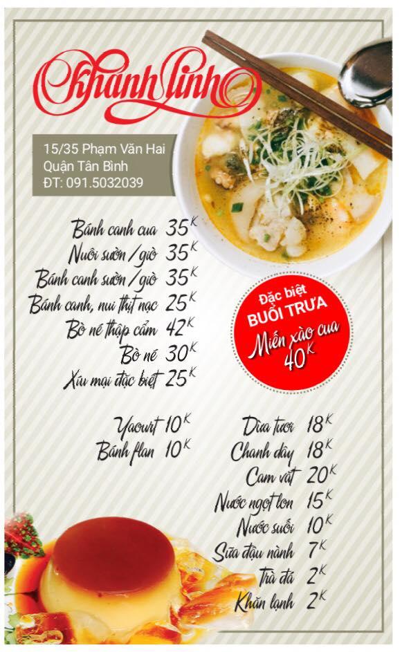 Menu at Banh Canh Cua Khanh Linh restaurant, Ho Chi Minh City, 15/35 ...