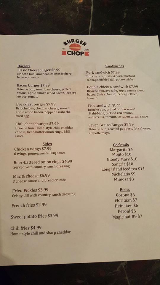 Menu at Burger Chop restaurant, Miami Beach