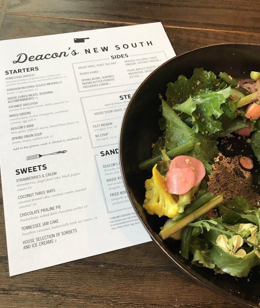 Menu at Deacon's New South steakhouse, Nashville