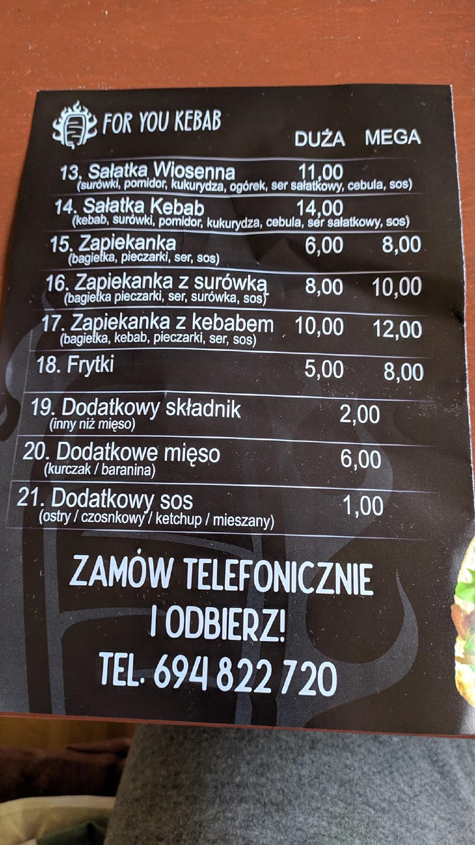 Menu at ForYou-Kebab restaurant, Radziejow