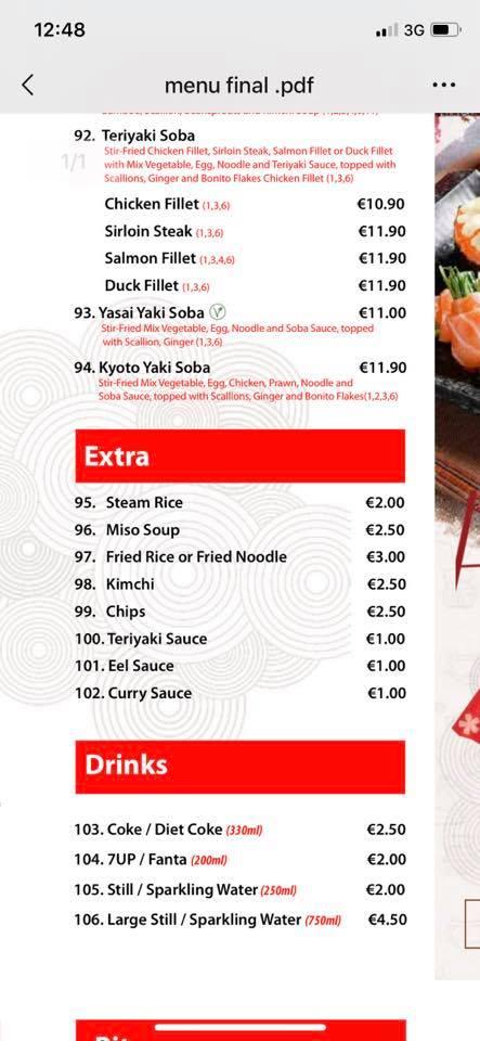 Menu at Kyoto Sushi & Noodle restaurant, Limerick