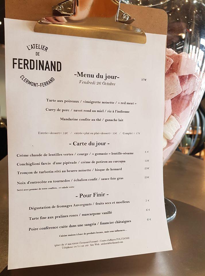 Menu at L'Atelier de Ferdinand restaurant, Clermont-Ferrand
