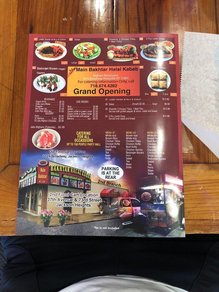 Menu at Main Bakhtar Halal Kabab restaurant, Hicksville