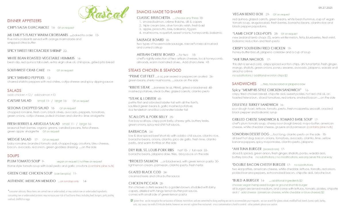 Menu at Rascal Modern American Diner & Bar, Sedona