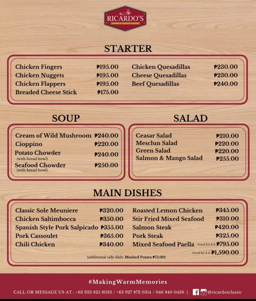 Menu at Ricardo's Coffee + Classic Cuisine restaurant, Amadeo