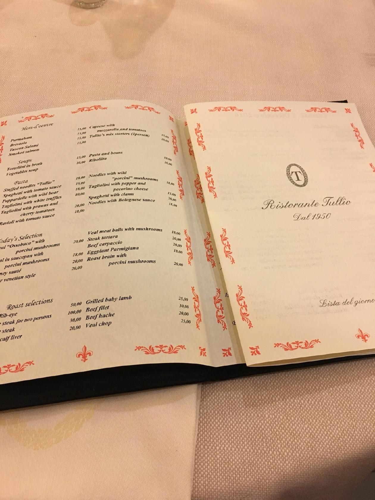 Menu da Ristorante Tullio, Roma