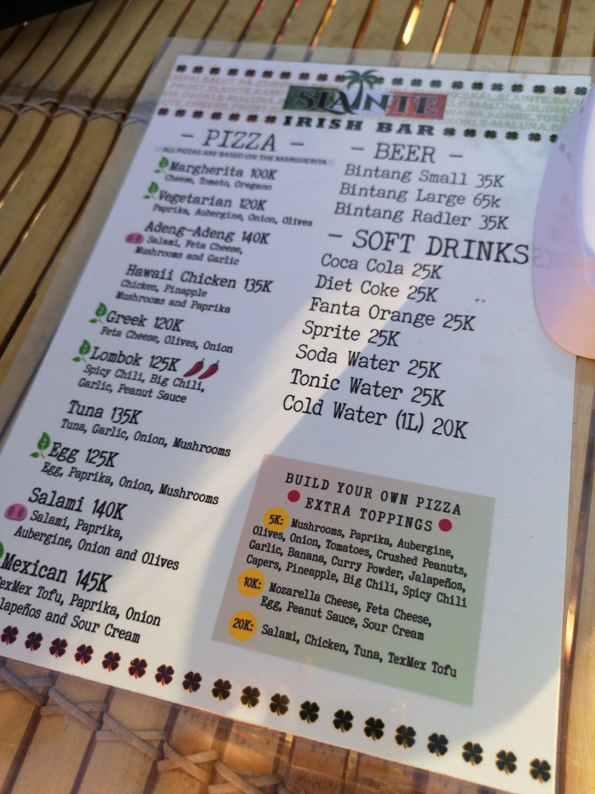 Menu at Slainte Irish bar - pizza, Indonesia
