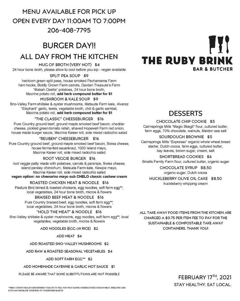 Menu at The Ruby Brink pub & bar, Vashon