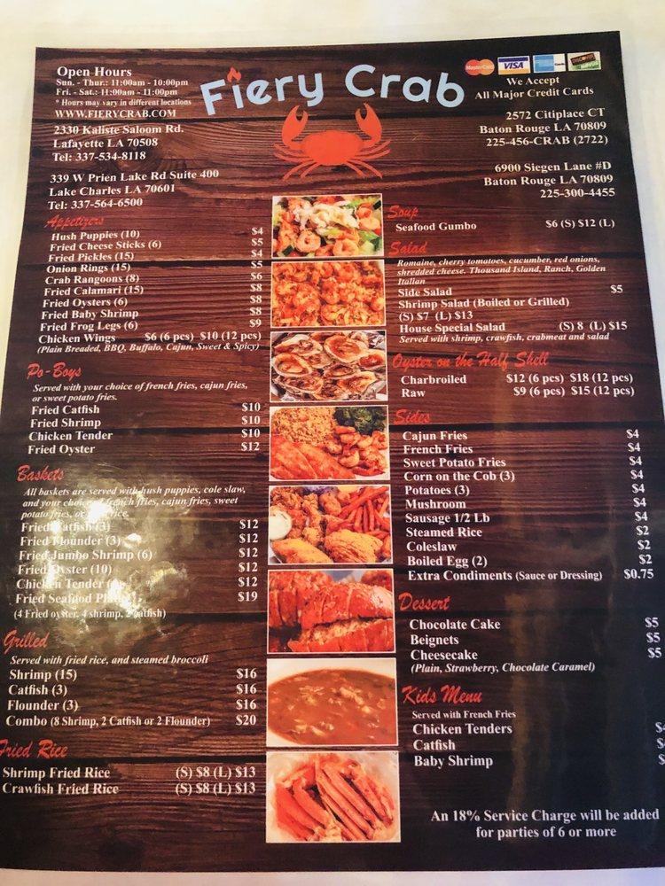 Carta de Fiery Crab Seafood Restaurant And Bar - Siegen Lane, Baton ...