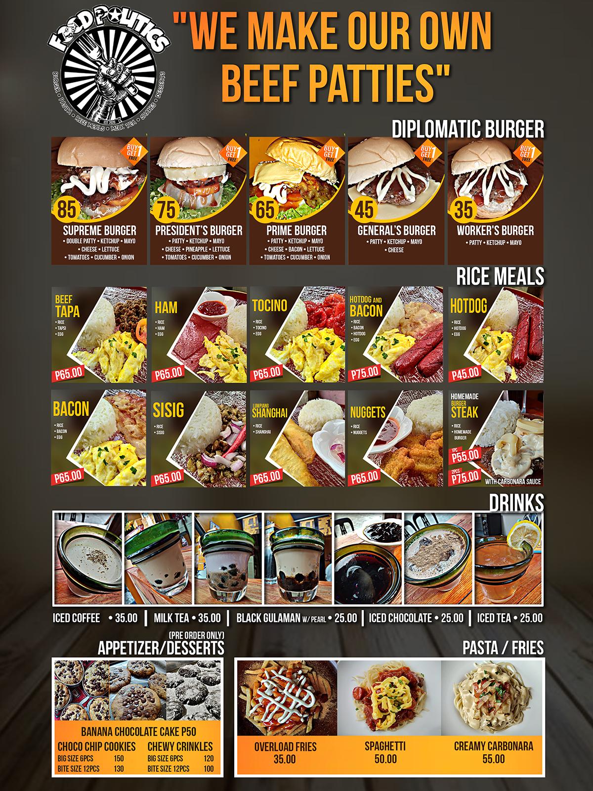 Menu at Food Politics Kenneth Borderline Branch restaurant, Taguig
