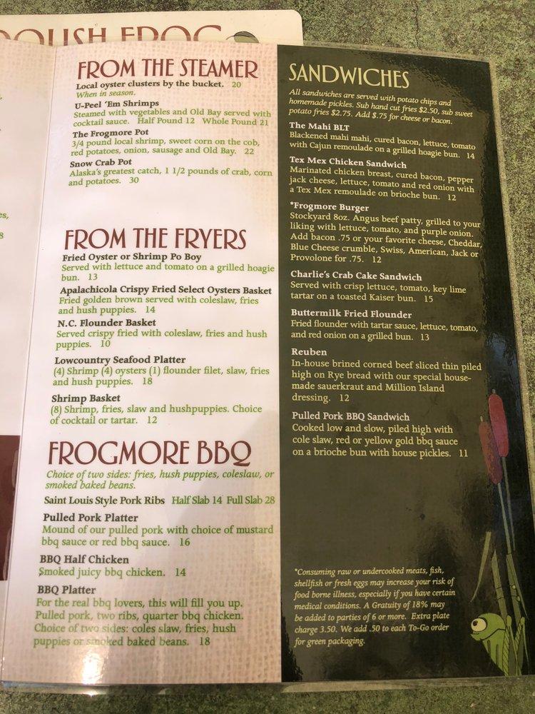 Menu at Foolish Frog restaurant, Saint Helena Island