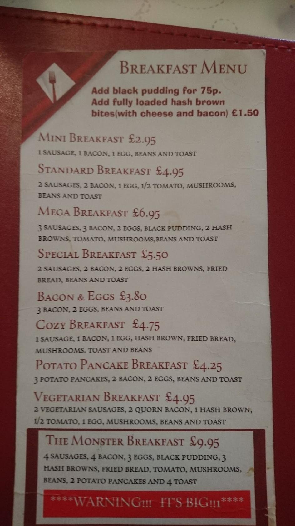 Menu at The Cozy Diner cafe, Pembroke Dock