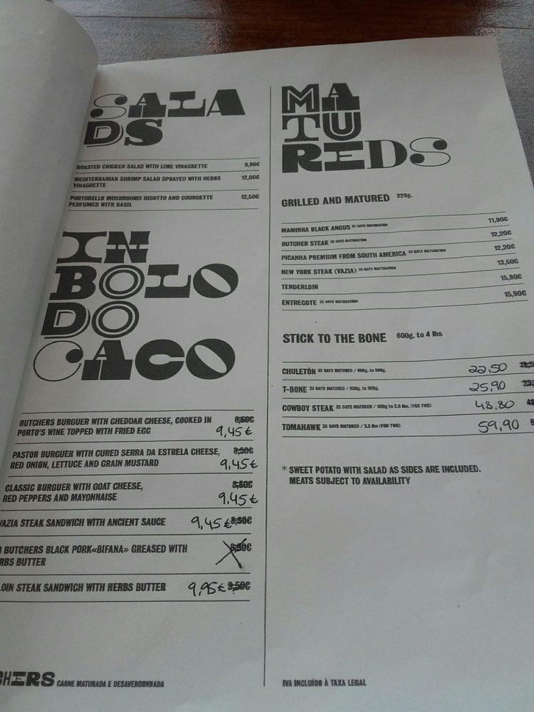 Menu at Butchers steakhouse, Lisbon, R. Polo Sul 15C