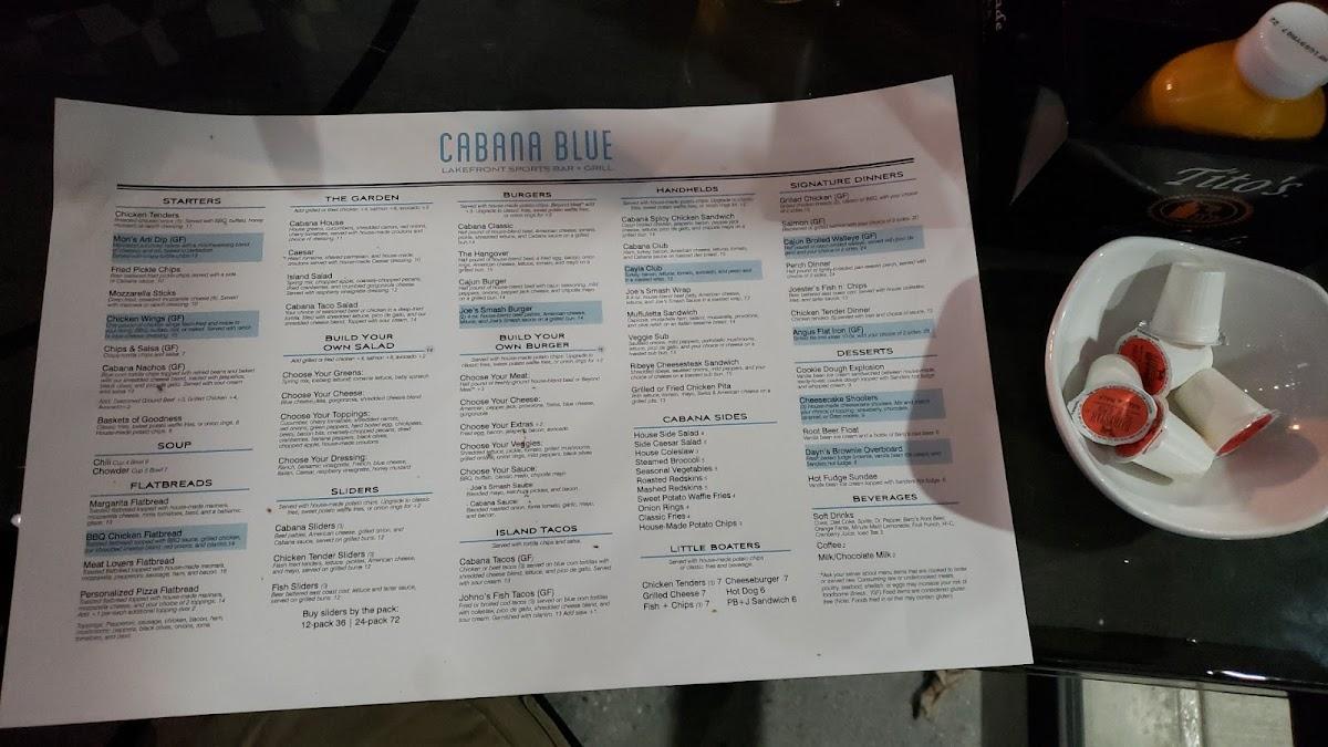 Menu at Cabana Blue Lakefront Sports Bar & Grill, Clay Township