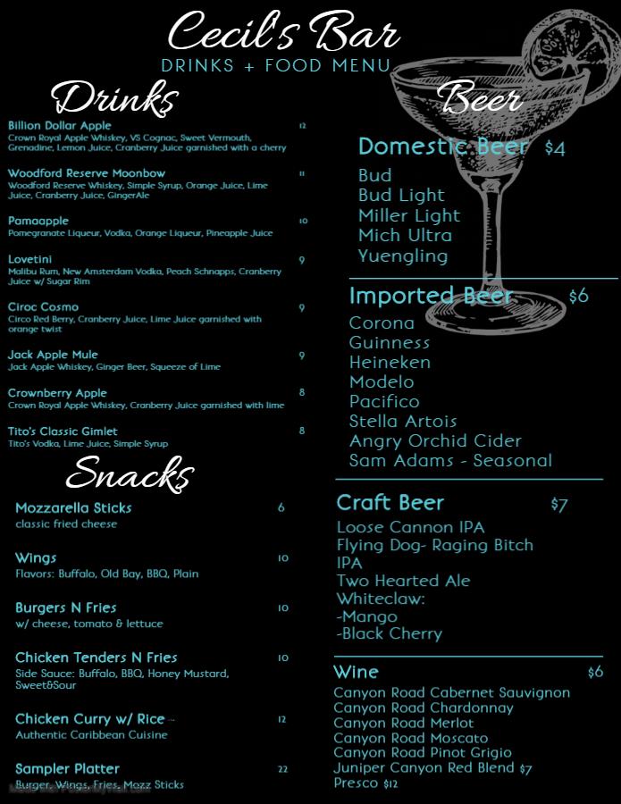 Menu at Cecil's Bar, Laurel