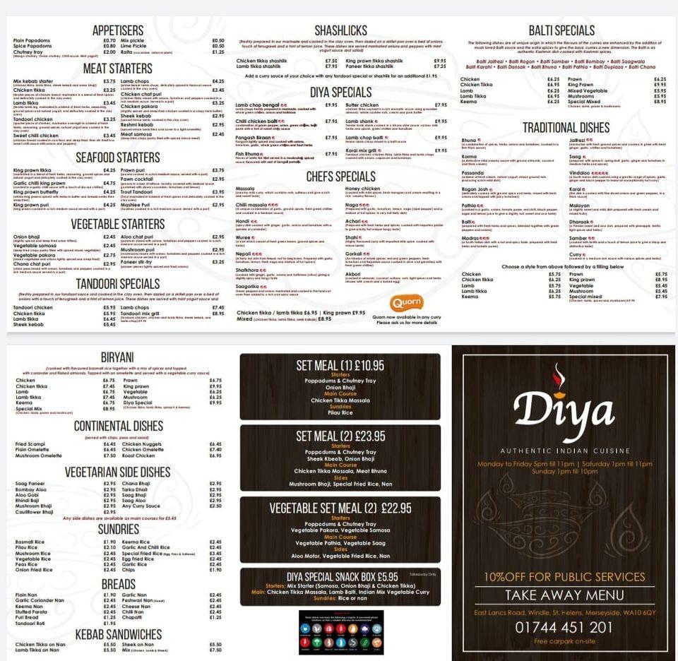 Menu at Diya restaurant, St Helens, E Lancashire Rd