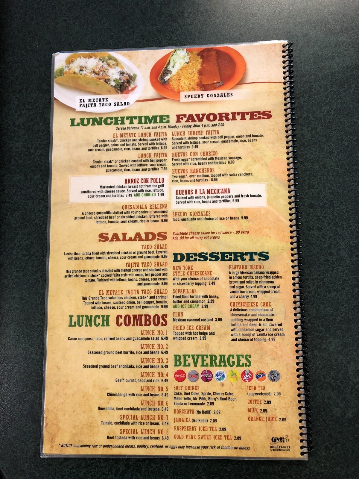 Menu at El Metate Mexican Grill & Bar, Fairmount