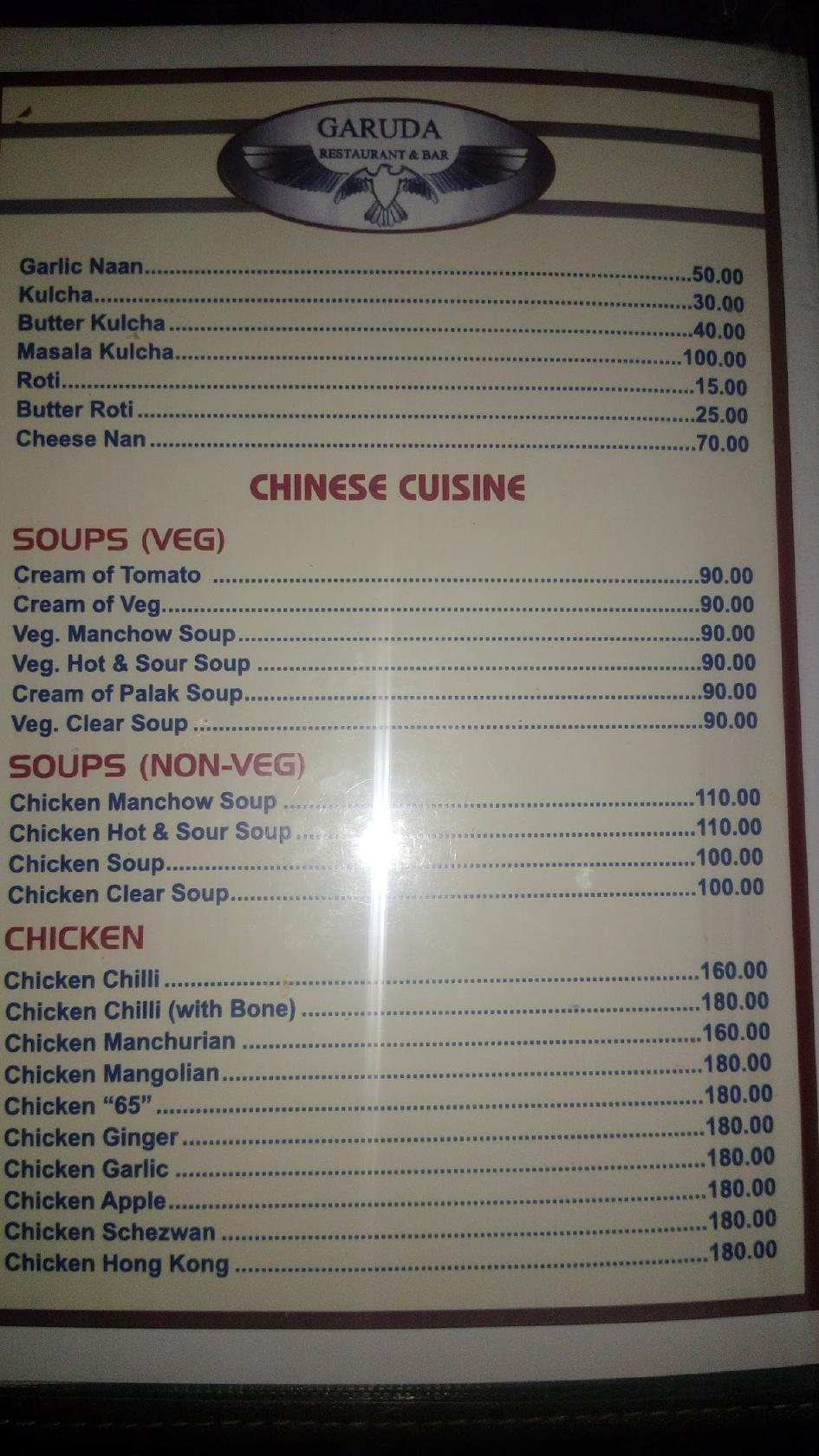 Menu at Hotel Garuda, Mumbai, Laxmi Shopping Centre