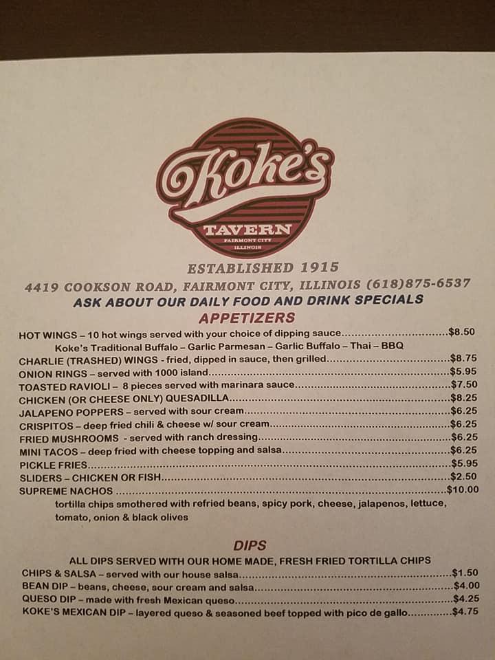 Menu at Koke's pub & bar, Fairmont City