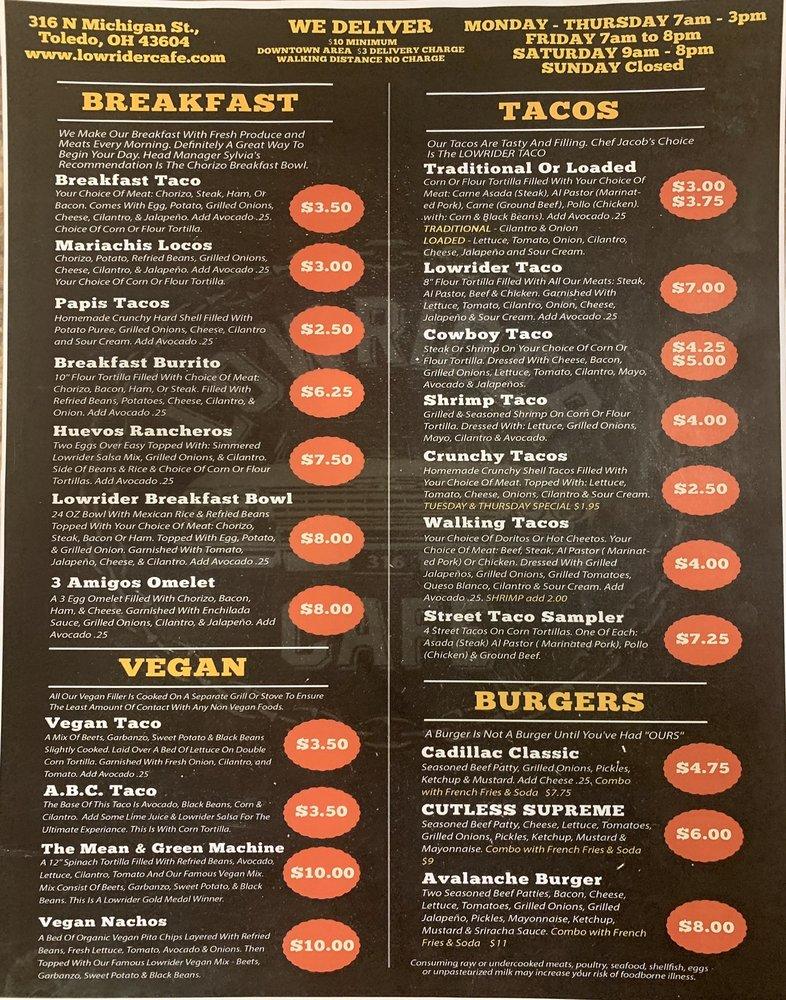 Menu at Lowrider Cafe, Toledo