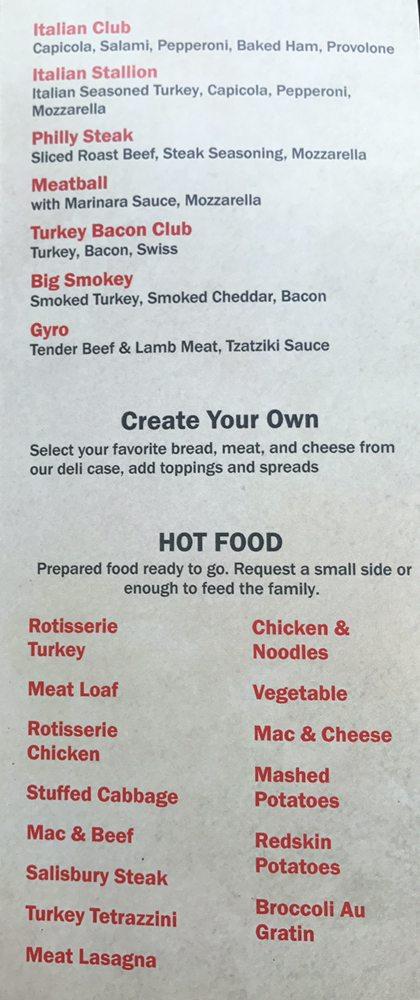 Menu at Martin's Deli restaurant, Avon