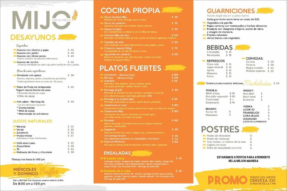 Menu at Mijo "Cocina Propia" restaurant, Tingüindín