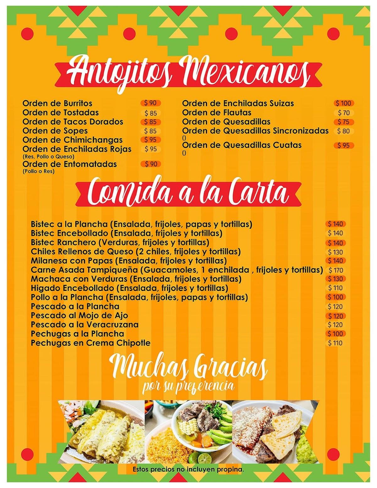 Carta del restaurante Sara's, Mexicali