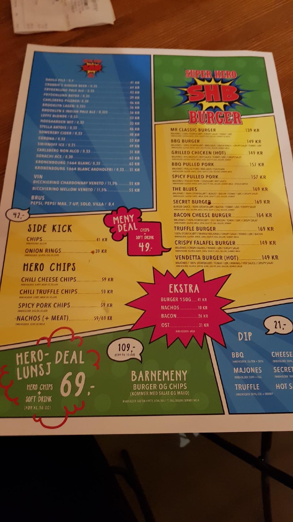 Menu at Super Hero Burger Torget restaurant, Trondheim