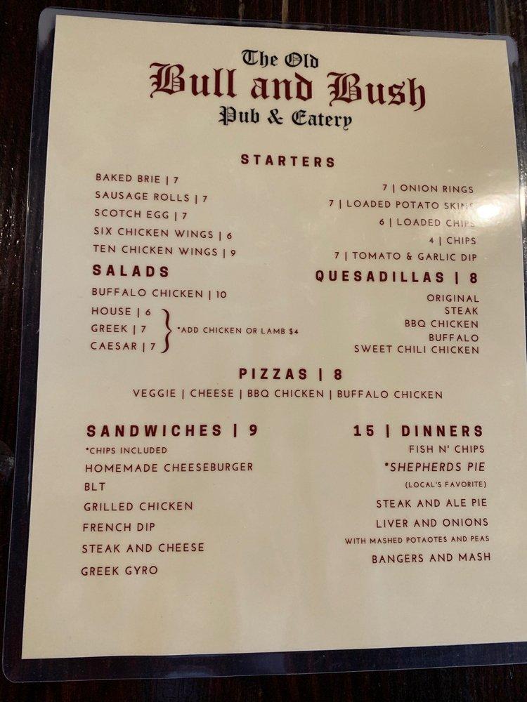 Menu at The Old Bull and Bush Pub and Eatery, Myrtle Beach