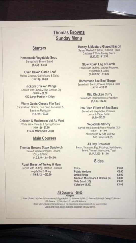 Menu at Thomas Browns Restaurant, Kanturk