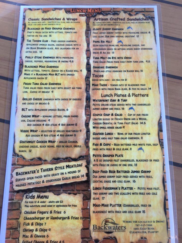 Menu at Backwaters restaurant, Clearwater