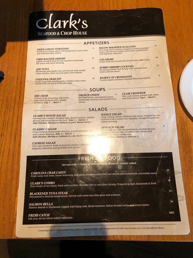 Menu at Clark's Seafood & Chop House pub & bar, Little River