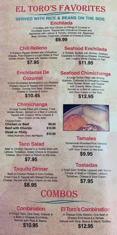 Menu at El Toro Restaurant, Clinton