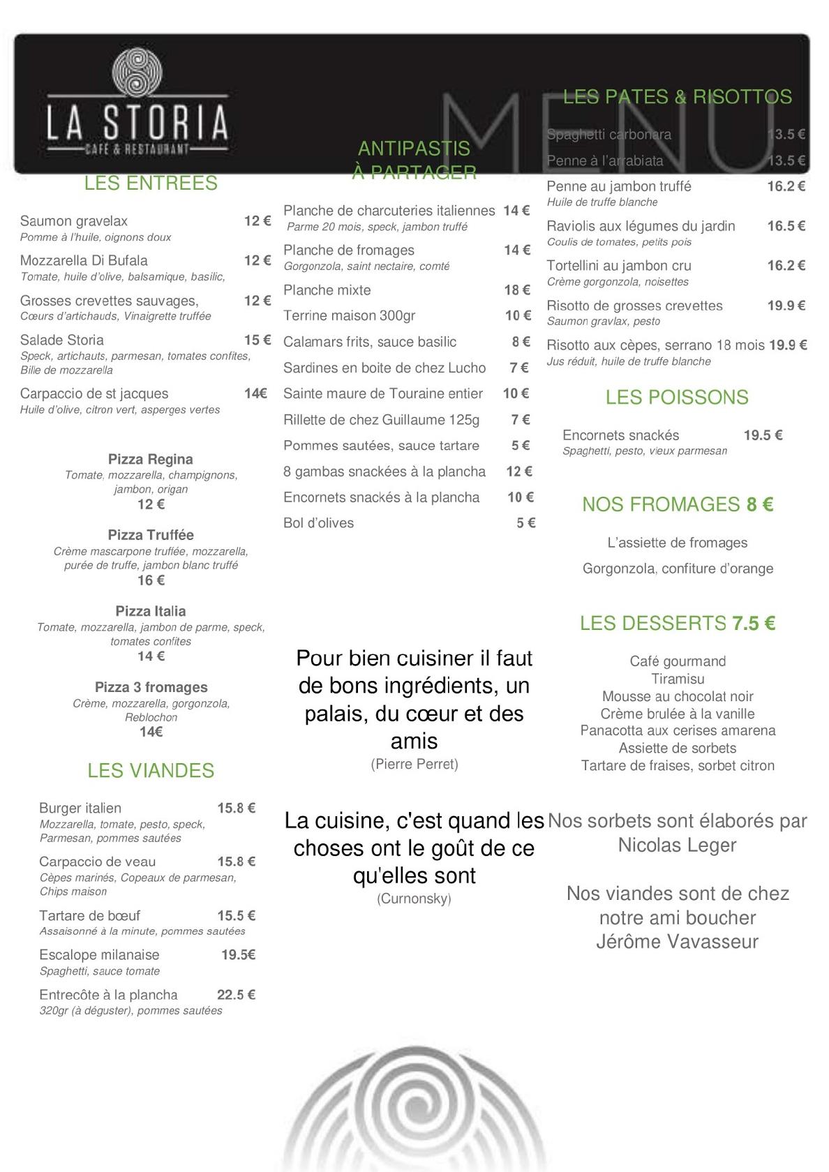 Menu at la storia restaurant, Tours