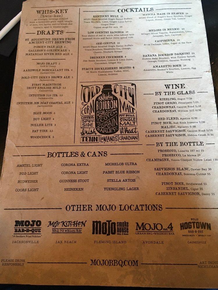 Menu at Mojo Old City BBQ, St. Augustine