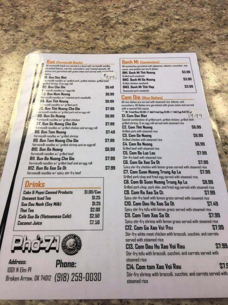 Menu at Pho 71 restaurant, Broken Arrow