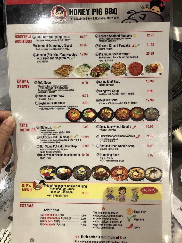Carta de Honey Pig Korean BBQ, Rockville