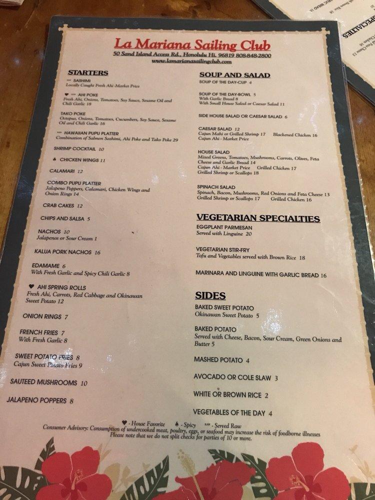 Menu at La Mariana Sailing Club, Honolulu, 50 Sand Island Access Rd