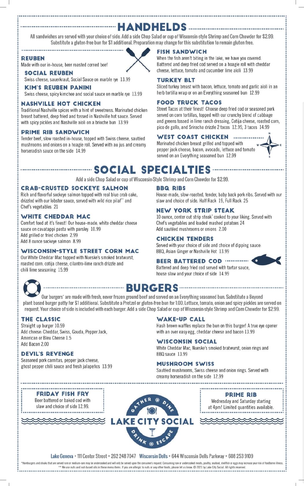 Menu at Lake City Social pub & bar, Lake Geneva